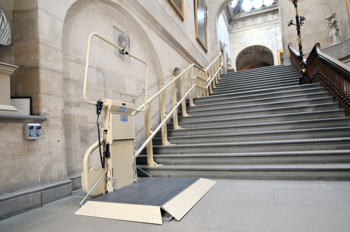 These inclined wheelchair lifts are a platform mounted on a rail, that ...